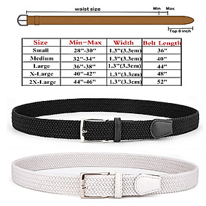 Radmire 2 Pack Elastic Braided Woven Canvas Belts for Men and Women (Black+White, Small/28-30" Waist)