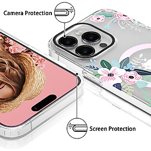 YeLoveHaw for iPhone 14 Pro Magnetic Phone Case for Women Girls, Rose Floral Green Leaves Pattern [Compatible with MagSafe] Slim Hard Clear Protective Cover for iPhone 14Pro 6.1'' (Pink Flower)