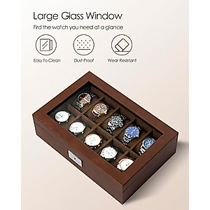 GUKA Watch Box, Luxury 10 Slot Watch Case with 55MM Wide Velvet Pillows, Watch Organizer Storage with Real Glass Lid, Watch Display Case for Men and Women Gift, Brown
