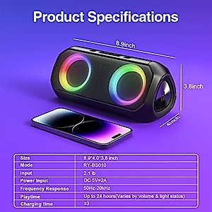 Rythflo Bluetooth Speakers, 24W Deep Bass Portable Wireless Speaker, 24H Playtime, Build-in MIC, IPX6 Waterproof Outdoor Blue Tooth Speaker Via Bluetooth 5.0/3.5mm Aux-in/TF Card Connection
