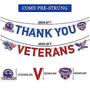 JKQ Blue Red Glitter Thank You Veterans Banner Happy Veterans Day Garland Banner Land of the Free Because of the Brave Honoring All Who Served America Patriotic Party Fireplace Mantle Wall Decorations Supplies