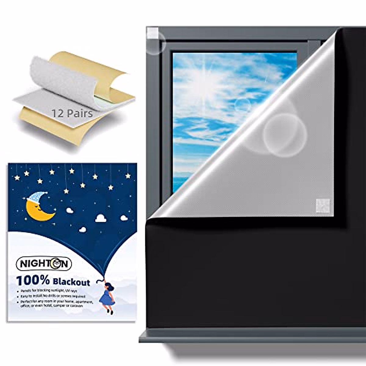 NIGHTON Portable Blackout Curtains 40"×57" Strong Hook and Loop Tape Strips with Adhesive,Blackout Shades That can be Cut,100% Blackout Material Blackout Blinds for Baby Nursery or Travel Use-Black