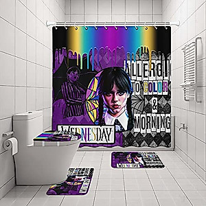 VOZUKO 4pcs Wednesday Shower Curtain Set, Wednesday Girl Bathroom Rugs, Including Waterproof Shower Curtain,Non-Slip Rug, Toilet Lid Cover, Bath Mat and 12 Hooks, 72x72in