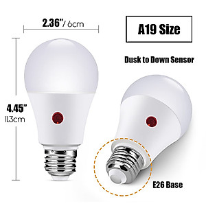 Emotionlite Dusk to Dawn Sensor Light Bulbs Outdoor,Neutral White LED Bulbs, 60 Watt Equivalent, Automatic On/Off, Porch, Patio,Garage, Hallway, Basement, A19 Size, 9W, E26 Medium Base (3 Pack)