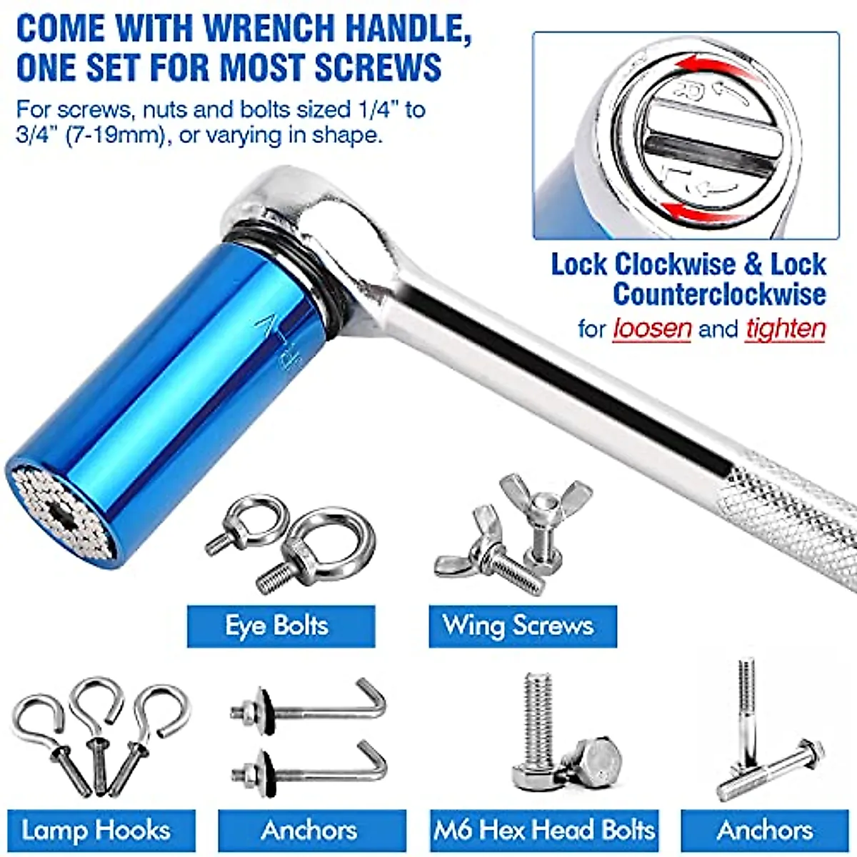 Universal Socket, Super Socket Set Self-adjusting with Power Drill Adapter and Drive Ratchet Wrench Handle, 1/4'' - 3/4'' (7-19mm) 3 Pack Grip Gadgets Cool Tool Gift for Men Dad Husband DIY Stuff,Blue