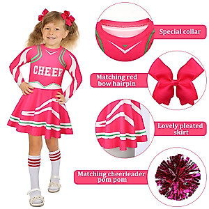 Tisancy 6 Pcs Halloween Cheerleader Costume for Girls Set Toddler Cheerleader Outfit with Pom Poms, Hair Bows and Socks (Classic Style,Large)