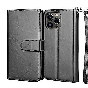NJJEX Wallet Case for iPhone 14 Pro Max 6.7" 2022, for iPhone 14 Pro Max Case, [9 Card Slots] PU Leather ID Credit Holder Folio Flip [Detachable] Kickstand Magnetic Phone Cover & Lanyard [Black]