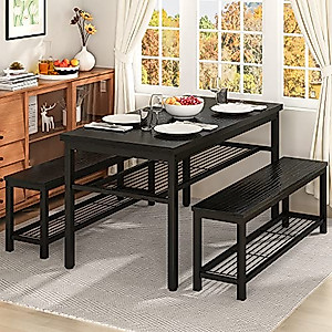 Lamerge Kitchen Table and Chairs for 4, Dining Set with Storage Shelf, Kicthen & Dining Table with 2 Benches, Dining Room Table Set of 47.2 x 28.7 x 28.7 inches, Black