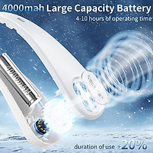 HUIDANGJIA Portable Neck Fan, Bladeless Personal Fan, Rechargeable 4000mAh Battery, No Hair Snagging, 3 Speeds Faster Cooling, Ultra Quiet, Gifts for Men Women, Home, Office, Travel Essentials, White