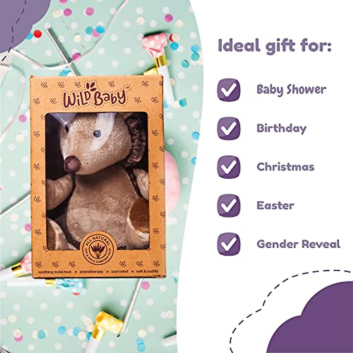 WILD BABY Hedgehog Weighted Stuffed Animals - Microwavable Animals with Lavender, 12 inch Heatable Plush for Kids - Soft, Cuddly, Warming Stuffed Animal for Baby - Gift Box Ready