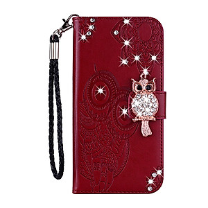 Ephoou Compatible with Apple iPhone 15 Pro Flip Glitter Wallet Case for Women, Pu Leather with Card Slots Crystal Diamond Owl Embossing Shockproof Cover Case for iPhone 15 Pro MTY-Red