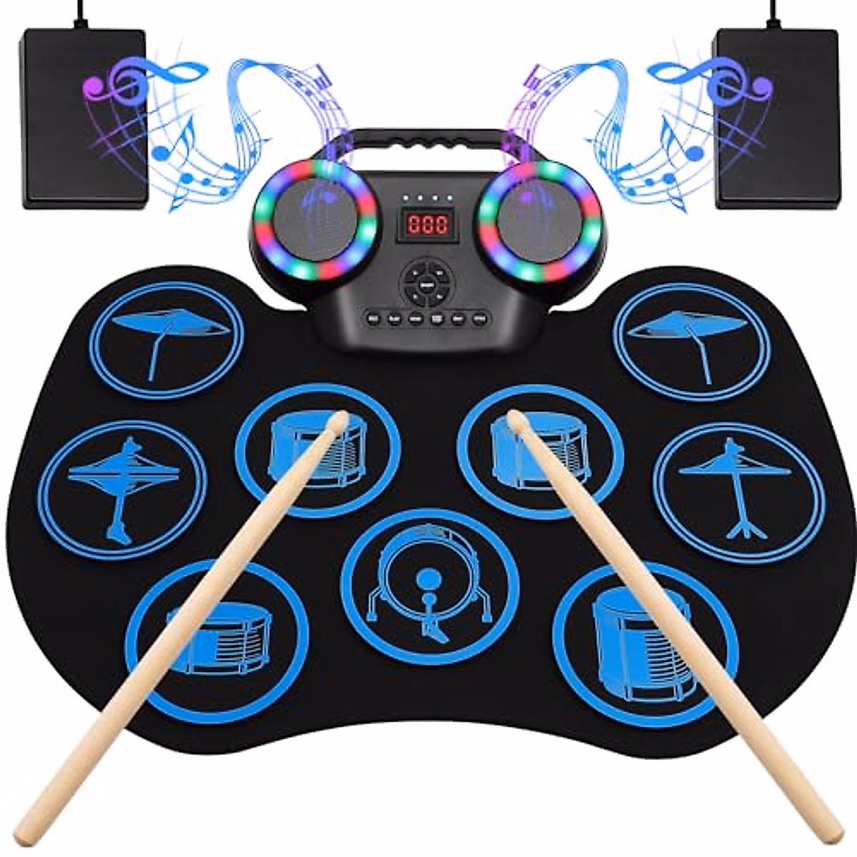 Electronic Drum Set, Portable Roll-Up Drum Practice Pad, 9 Pad Digital Drum Kit, Built-in Dual Stereo Speakers, Bluetooth Wireless Electric Drums for Kids Adults Beginner Holiday Birthday Gift