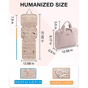 BAGSMART Travel Jewelry Organizer Case,Hanging Roll Jewelry Bag for Travel with Pockets,Large Capacity Jewelry Roll Bag for Rings,Necklaces,Earrings,Bracelets,Bracelets,Portable Travel Essentials,Pink