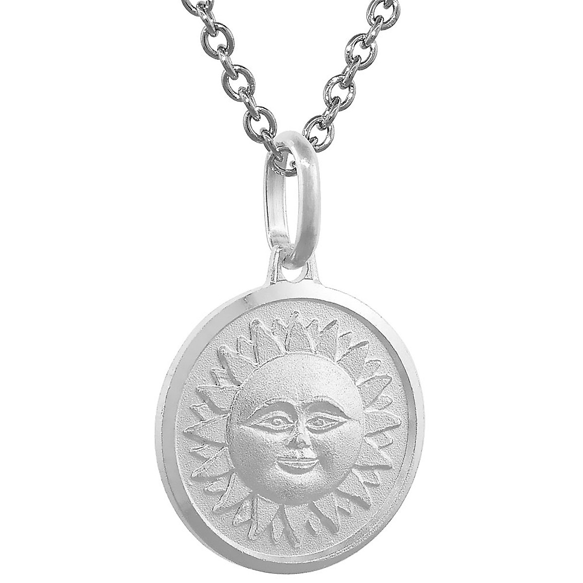 Sterling Silver Smiling Sun Necklace Round with 24 inch Surgical Steel Chain Italy 5/8 inch