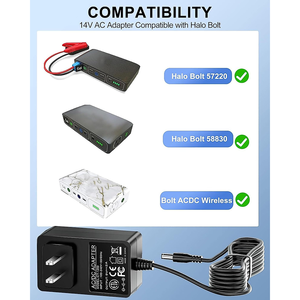 WUKUR Charger, 14V AC Adapter Compatible with Halo Bolt 57720/58830, Power Cord for Car Jump Starter, 6.5ft, 0.85A, Black