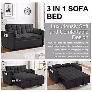 howcool 3 in 1 Convertible Sleeper Futon Sofa Bed with 2 Toss Pillows, 55 Inch Modern Velvet Small Loveseat Lounge Couch w/Reclining Backrest&Side Pockets for Living Room, Pull-Out Design, Pure Black