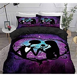 Vanson Lightweight Nightmare Before Christmas Microfiber Bedding Duvet Cover Set 3 Pieces, Jack and Sally Valentine Lover Rose Printing Pattern（no Comforter） King Size