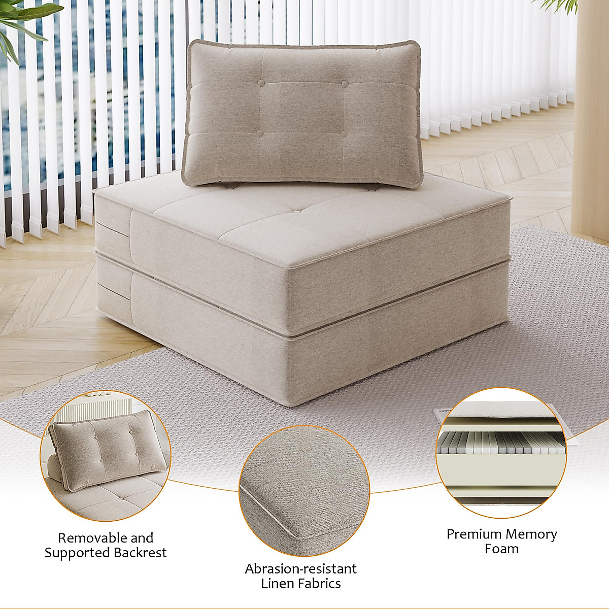 SKKTKT Folding Sofa Bed with Back Support, Large Convertible Sleeper Chair Floor Couch with Pillow, Foldable Mattress Portable Chair Bed Floor Sofa Lounge for Living Room Bedroom Apartment (Beige)