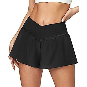 Ewedoos Crossover Flowy Athletic Shorts for Women with 3 Pockets 2 in 1 Butterfly Shorts High Waisted Running Shorts Black