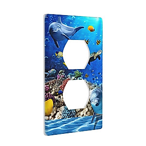 Ocean Dolphin 1 Gang Electrical Outlet Cover Single Duplex Socket Plug Receptacle Wallplate Marine Life Kids Boys Bedroom Nursery Aquarium Decor Decorative Blue Fish Sea Ceatures Faceplate