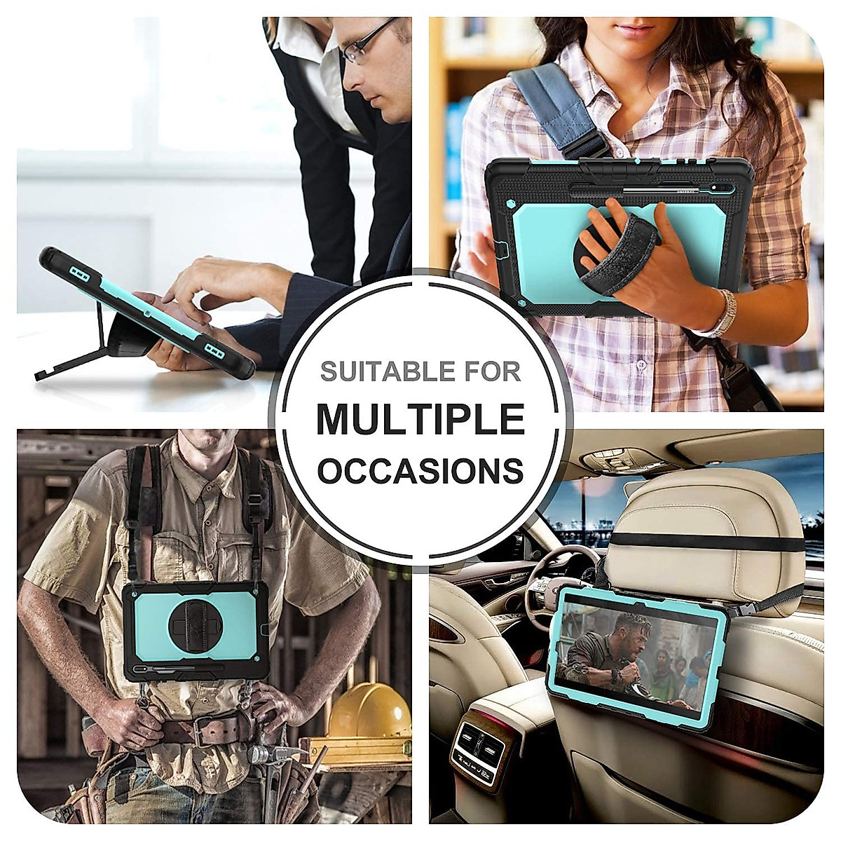 BASE MALL Tablet Case for Samsung Galaxy Tab S8 Plus 2022/S7 FE/S7 Plus 12.4 5G, [Shockproof] with Tempered Glass Screen Protector,360° Rotating Kickstand/Hand Strap/S Pen Holder (SkyBlue)