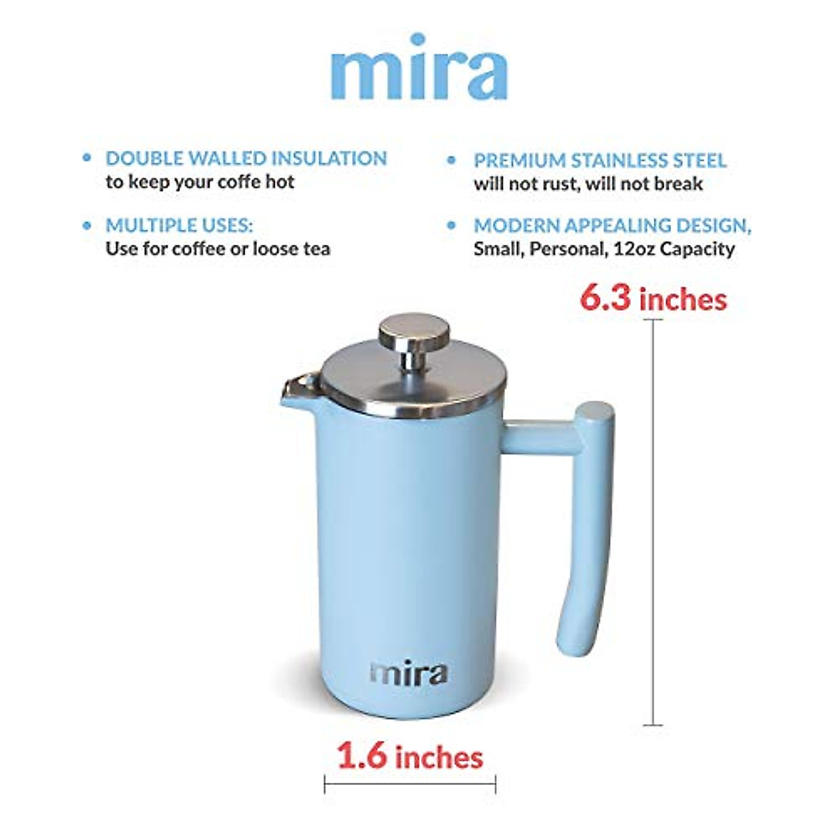 MIRA Coffee Lover Bundle with 12oz Insulated French Press (Pearl Blue) and 12oz Insulated Travel Mug (Pearl Blue)