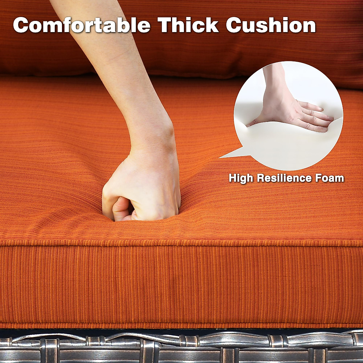 ovios 6 Pieces Patio Furniture Set with 30" Fire Pit Table, Outdoor Wicker Sofa with Ottomans, Comfy Cushions, High Back Couch Conversation Set, Brown Rattan, Orange Red