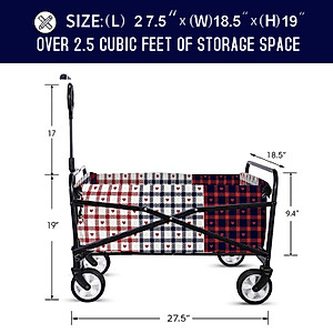 Collapsible Wagon Cart Tartan Plaid Herringbone for Valentines Day in red White Navy Blue Foldable Utility Wagon Large Capacity Garden Cart with Push Bar for Beach Camp Outdoor Shopping