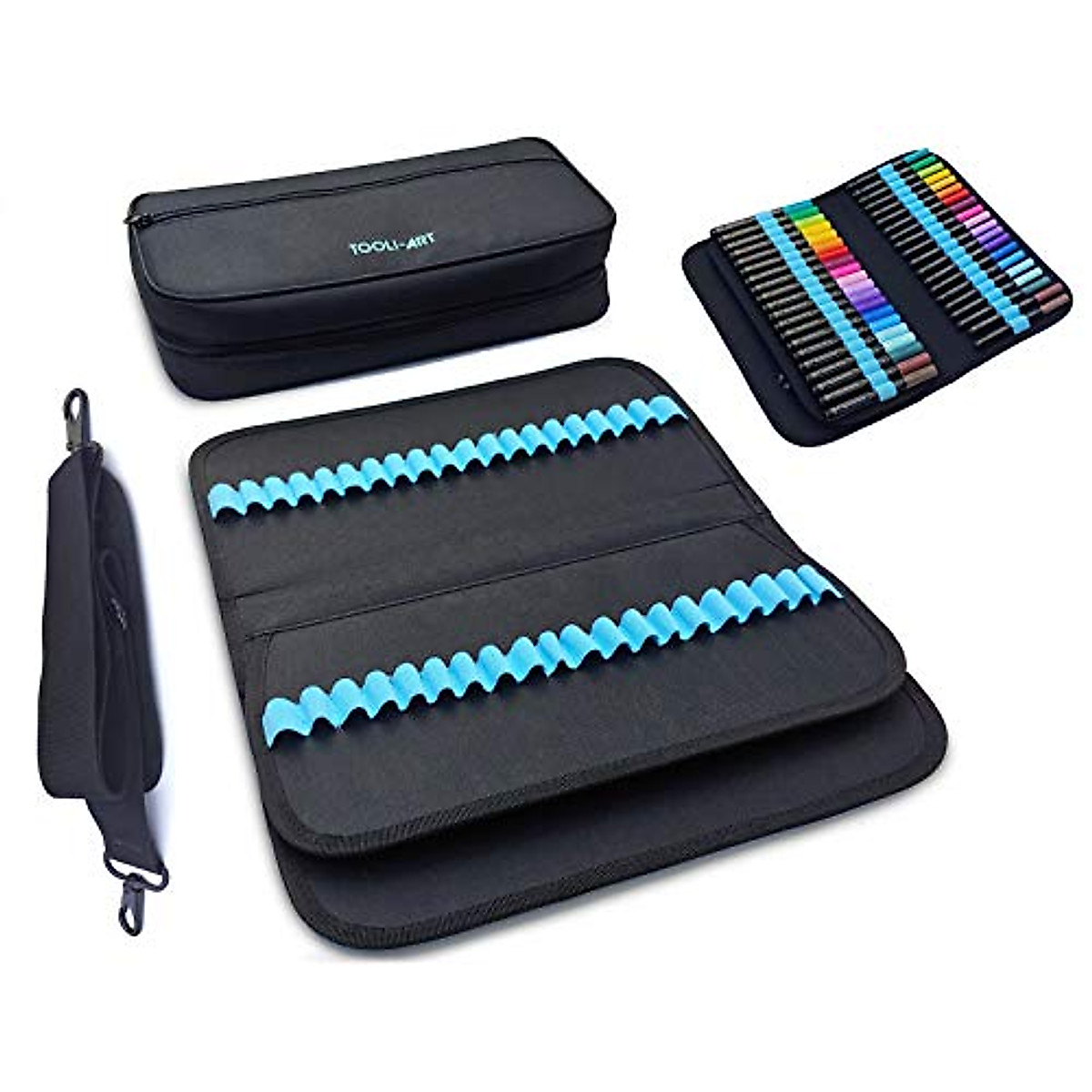 TOOLI-ART Marker & Pen Carrying Case -120 Slots, Canvas, Extra Pockets, Trolley Sleeve, Removable Shoulder Strap, For Most Markers (up to 15mm Diameter), Lipstick, Etc. Black