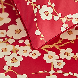 Brandream Floral Sheet Set Twin Size Japanese Oriental Style Cherry Red Blossom Flower Branches Print Chinoiserie Bedding Pillowcases Set 800TC Egyptian Cotton Sateen Botanical Tree Deep Pocket, 4 Pcs