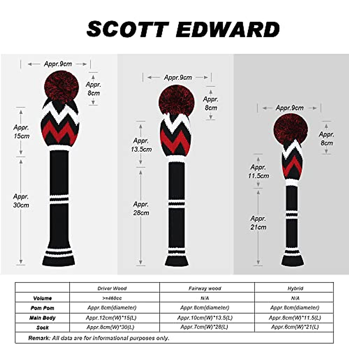 Scott Edward Knitted Golf Head Covers 4PCS Handmade Fit Well for Driver and Fairway Woods with Long Neck Pom Pom Golf Club Headcovers Set