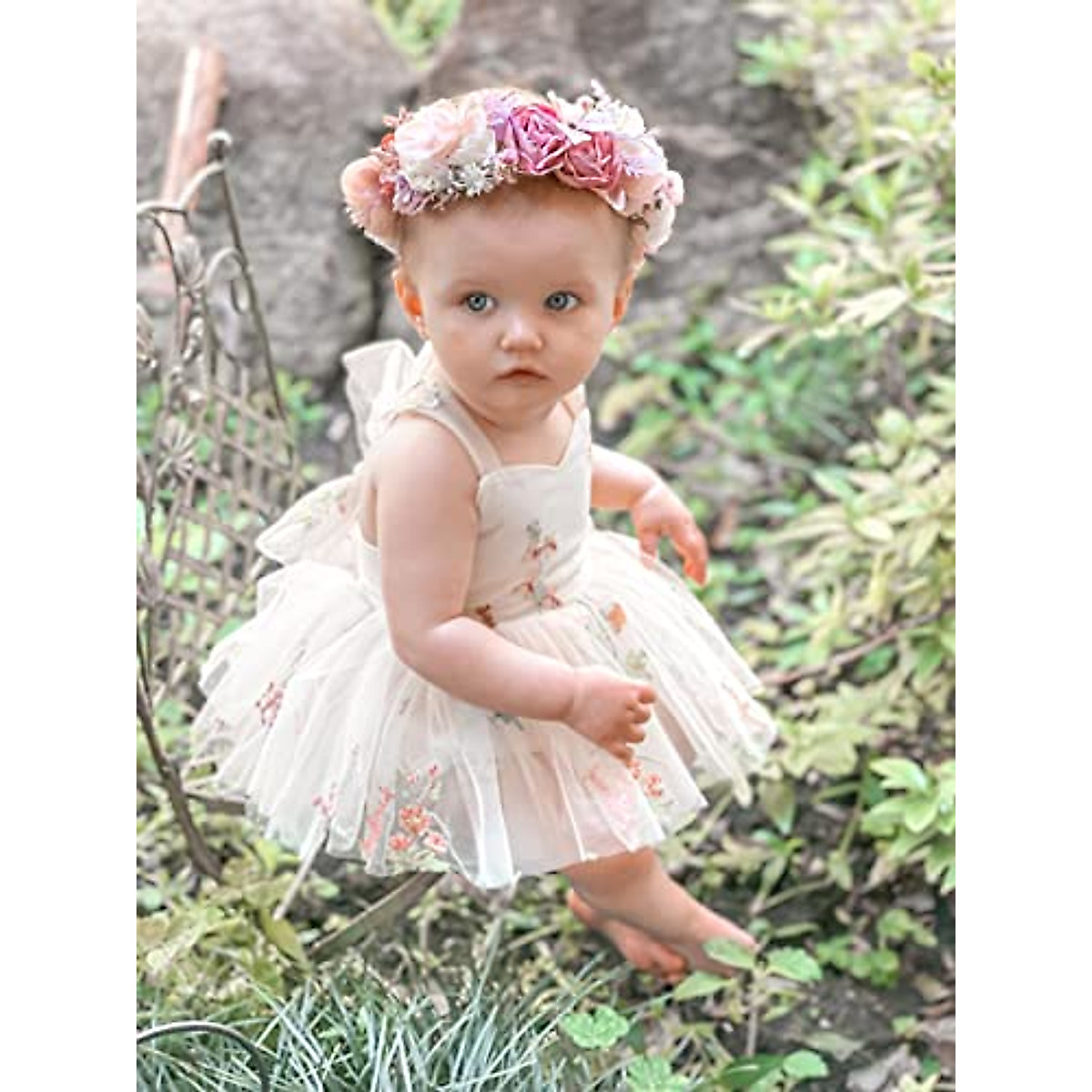 Baby Girl Lace Tulle Romper Dress Sleeveless Flower Embroidery Mesh Tutu Princess Dress Fluffy Brithday Photoshoot (Creamy Yellow, 12-18 Months)