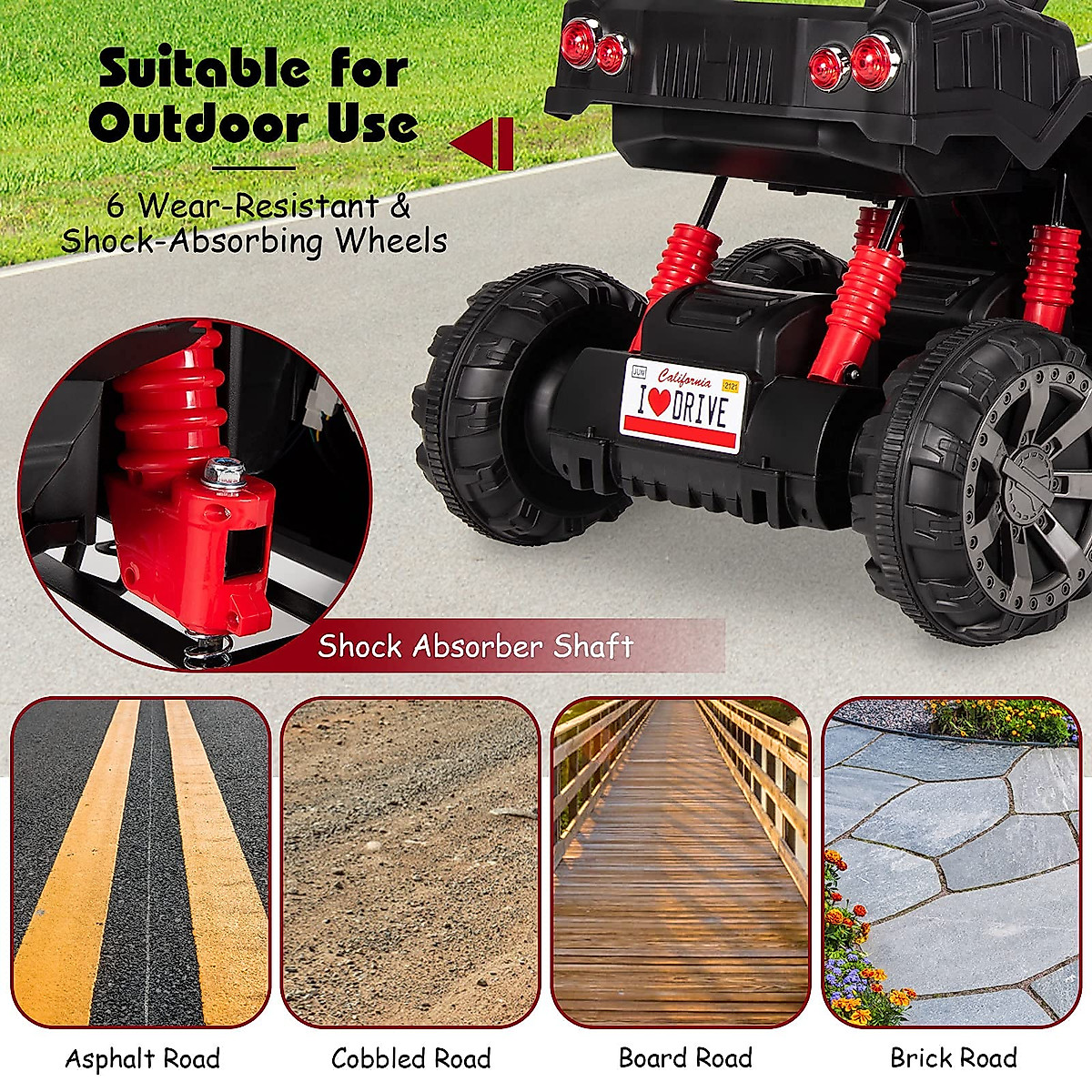 Costzon Kids ATV, 12V Battery Powered 6 Wheels Electric Vehicle w/ 4WD, Back Trunk, LED Lights, Music, Story, USB, Backrest, Treaded Tires, Ride on Car Quad for Boys & Girls Gift, Ride on ATV (Red)