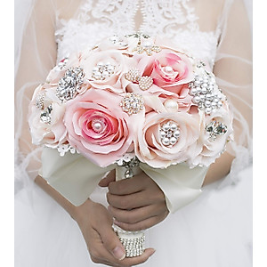 Abbie Home Brooch Jewelry Bouquet - Luxury Bridal Bouquets with Crystal Rhinestone Sparkle Pearls Rose Flowers for Wedding Quinceanera (Pink)