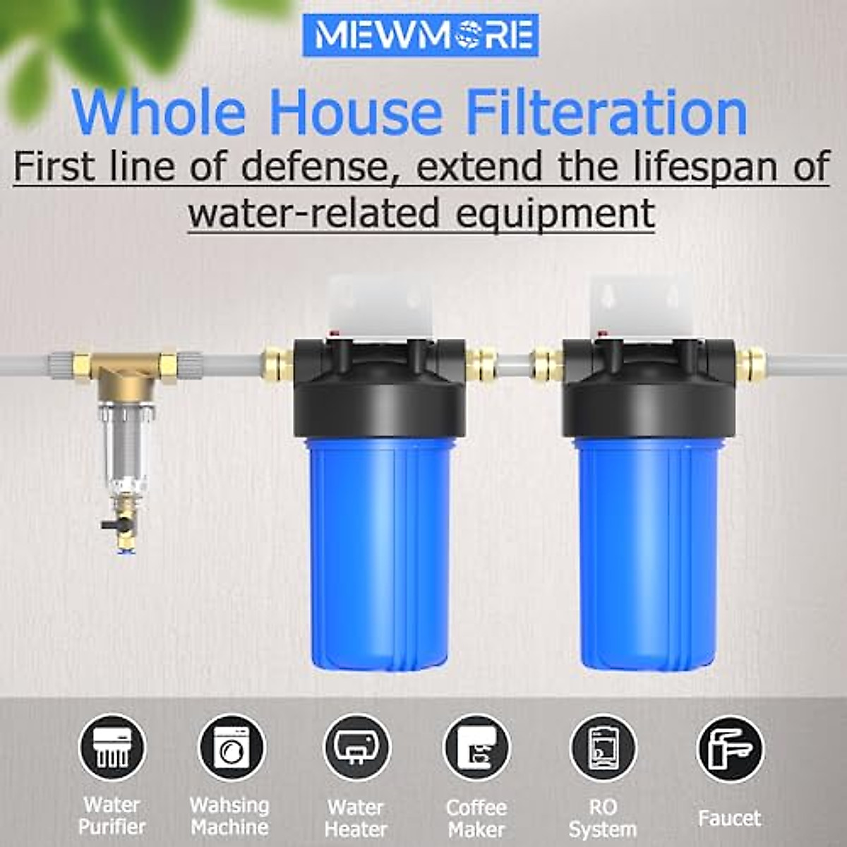 MewMore WHC40 Sediment Filter, 40 & 100 & 200 Micron Reusable Spin Down Sediment Water Filter, Whole House Water Filter for Well Water, Home Pre-filtration System, 1" MNPT + 3/4" FNPT + 3/4"MNPT