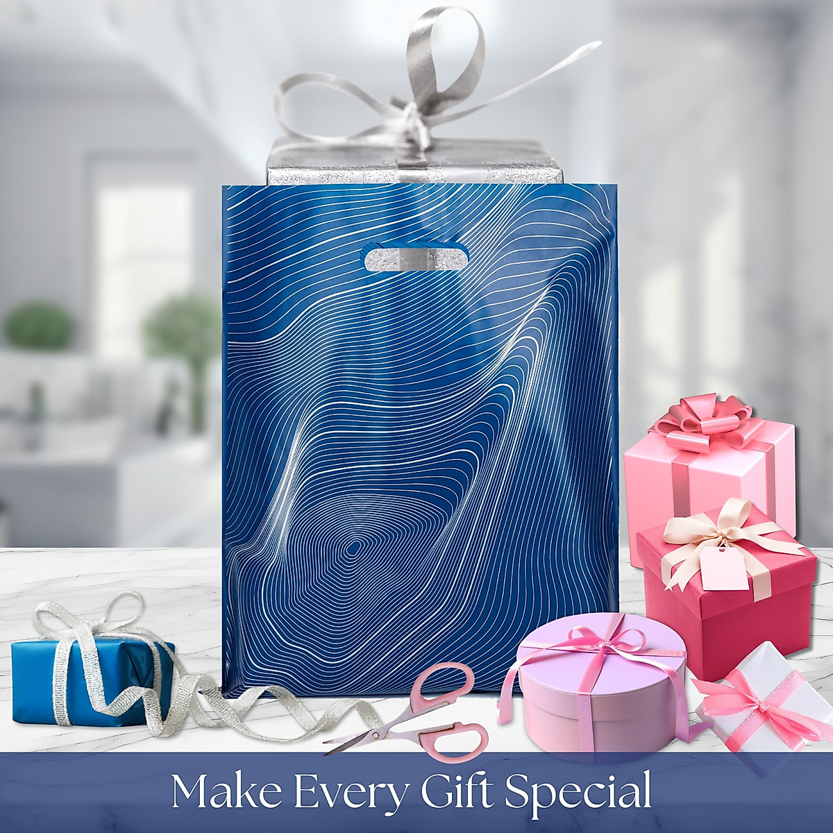 Rainbows & Lilies 100 Merchandise Bags 12x15 - Plastic Bags with Handles, Retail Shopping Bags for Small Business, Goodie Bags for Party Favors, T-Shirts, Gift Bags Bulk - Thick Reusable Bags (Blue)