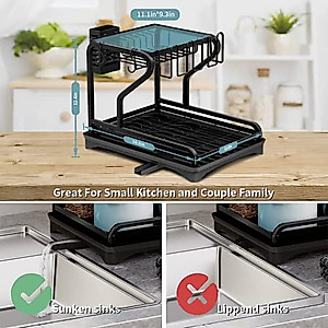 Dish Drying Rack,2-Tier Dish Racks for Kitchen Counter with Drainboard ,Multifunctional Dish Drainer Set with Utensils Holder and Glasses Holder, Stable Dish Strainers with Extra Drying Mat (Black)