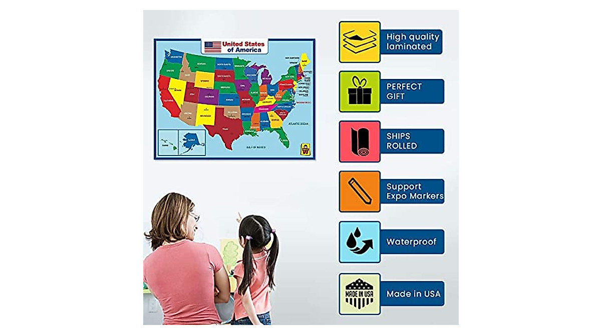 Laminated US Map Poster | Educational & Waterproof - 18x24"