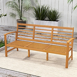 RELAX4LIFE 64’’ Outdoor Bench Acacia Wood - 3-Seat Patio Bench w/Slatted Backrest, Armrests & Seat Cushion, Extra Long Front Porch Bench for Park Poolside Yard, 1200LBS Capacity, 3-Person Garden Bench