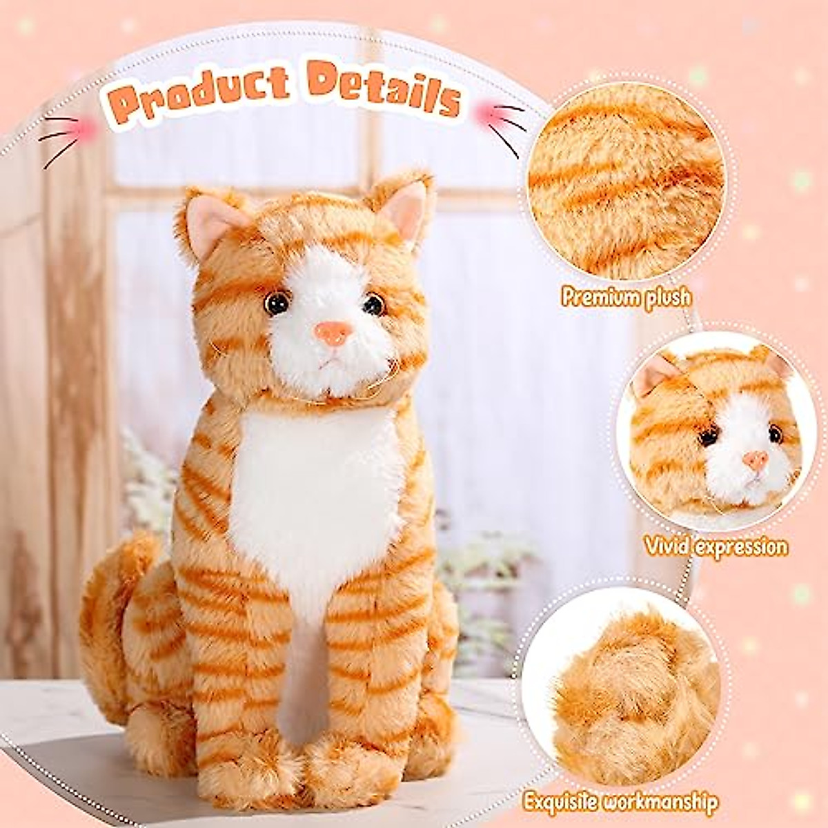 Libima 13 Inch Cat Plush Stuffed Animal Realistic Cat Plush Toy Soft Kitten Stuffed Animal for Halloween Christmas Home Decor Animal Collection Pet Party Favors Supplies (Orange,Vivid)