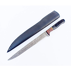 Nooraki F110N Handmade Damascus Steel Large Fillet Knife Hunting Fishing, Full Tang Wood & Horn Handle, 13.5 inch Sharp