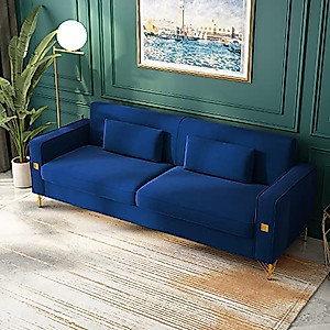 STORFENBOR Blue 85'' Velvet Sofa, Mid-Century Modern 3-Seat Couch with 2 Pillows & Gold Legs for Living Room Apartment Large Space