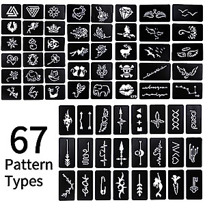 Ponhey Temporary Tattoo Markers, 10 Body Markers + 67 Large Tattoo Stencils for Kids and Adults, Skin-safe and Coloured Ink Double-ended Tattoo Pens Make Bold and Fine Lines for Body and Facial Art
