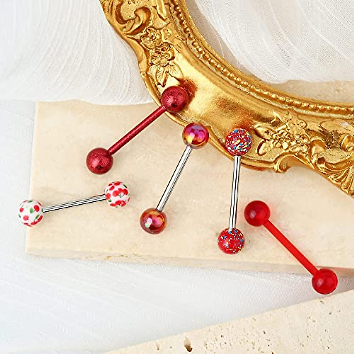 Jewseen Tongue Barbell 5PCS 14G 316L Stainless Steel Tongue Rings Cherry Painting Pattern Red Splatter Acrylic Balls Tongue Bars Piercing for Women