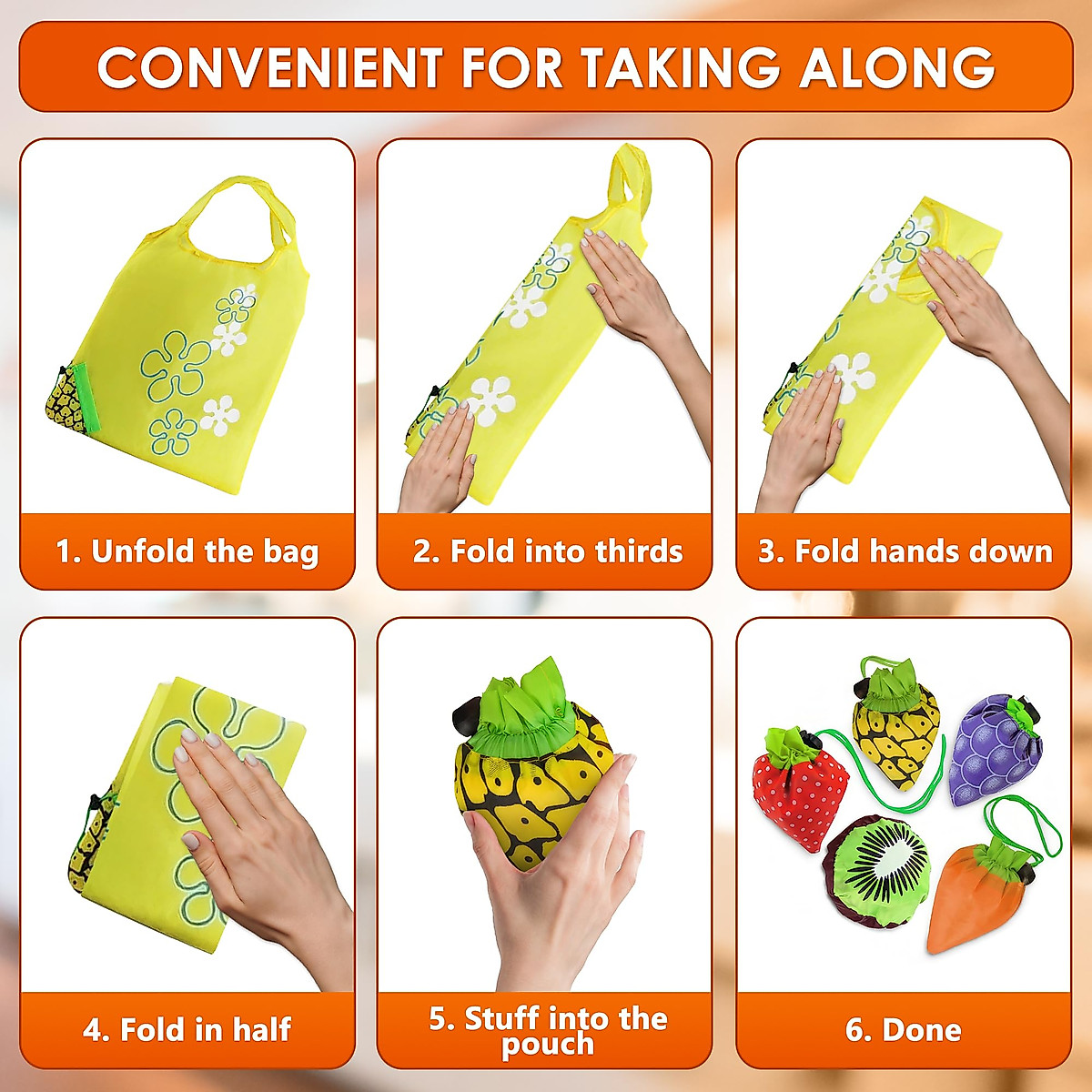 5 Pcs Cute Reusable Grocery Bags in Pouch - Fruit Shaped Reusable Bags With Handles Reusable Shopping Bags Foldable Fruit Tote Bag Washable Grocery Bags - Foldable Reusable Shopping Bag Folding Bags