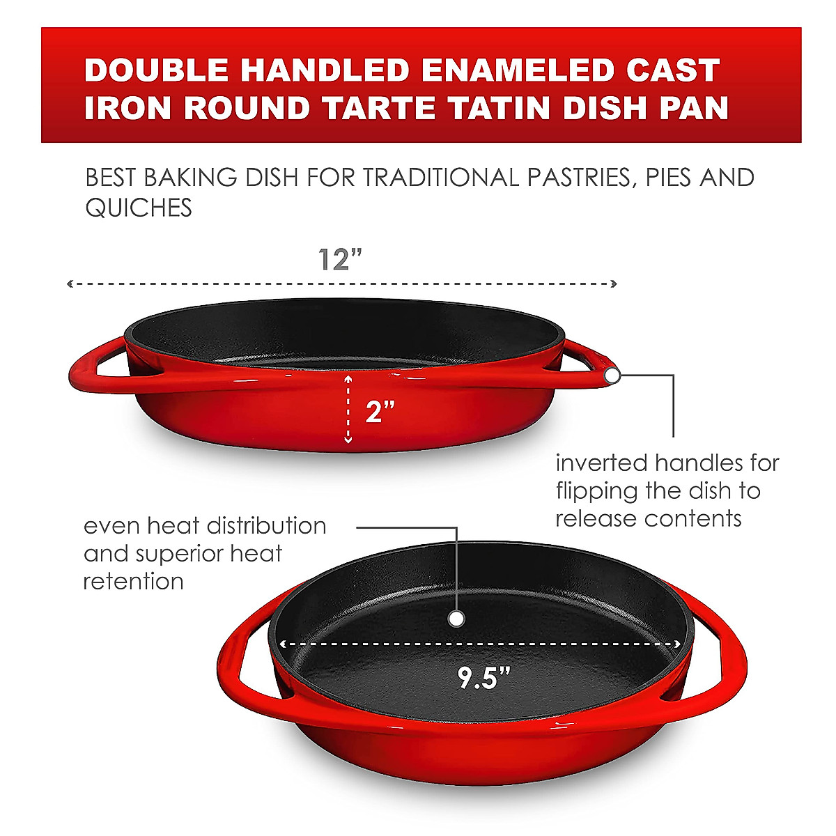 Bruntmor Red Enameled Round Cast Iron Baking Pan