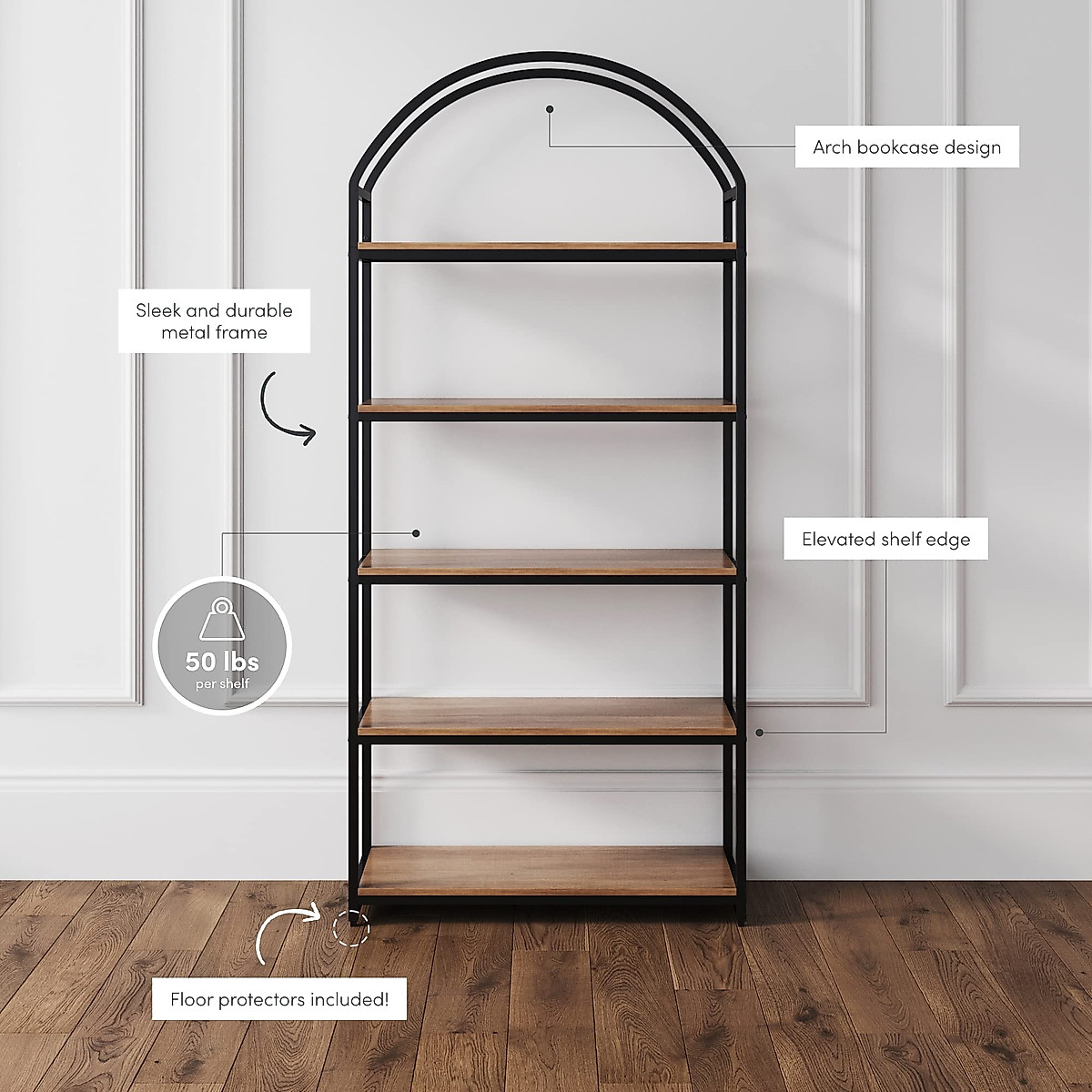 Nathan James Haven Etagere Bookshelf, 5-Shelf Bookcase in Oak Wood and Black Metal Frame with Arch Top and Open Shelves, Oak/Black