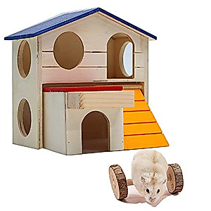 FORZENA Pet Small Animal Hideout Hamster House Deluxe Two Layers Wooden Hut Play Toys Chews Color Sepak Takraw and Barbell