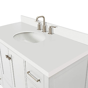 ARIEL 49" White Bathroom Vanity with 1.5" Edge Pure White Quartz Countertop & Backsplash, Center Oval Sink, 2 Soft Closing Doors, 9 Full Extension Dovetail Drawers, Brushed Nickel