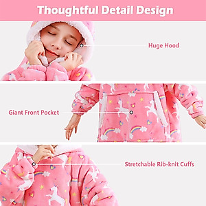 Wearable Blanket Hoodie for Kids, Super Warm and Soft Sherpa Flannel Sweatshirt Blanket with Giant Pocket, Hooded Blanket for 6-10 Year Old Girls Gifts, Pink Unicorn